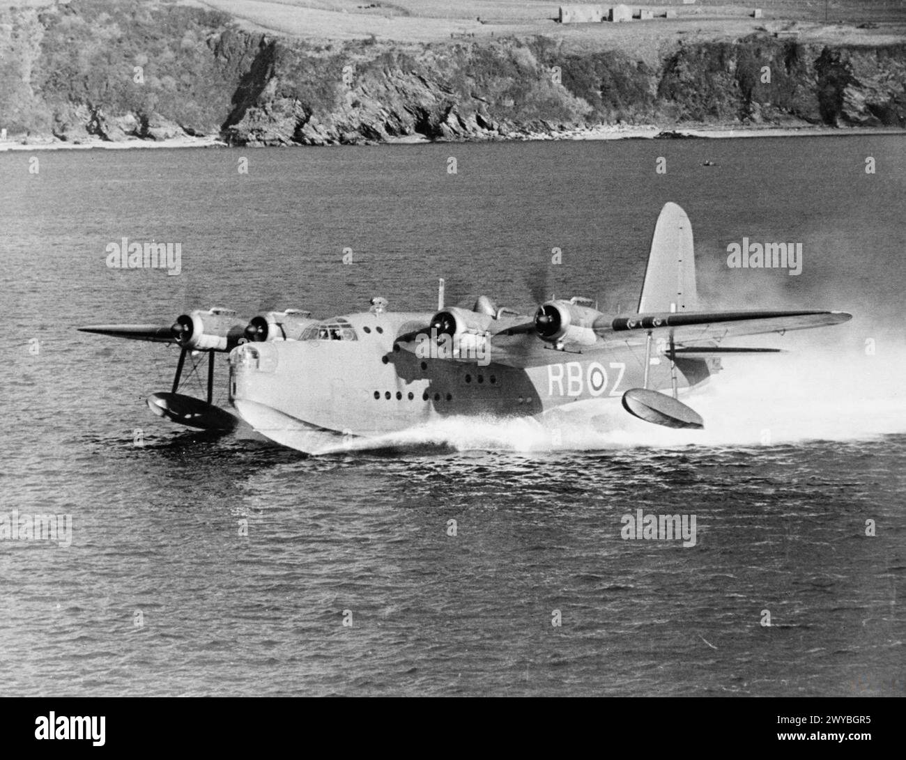 Sunderland flying boat taking off from water, used for patrol and ...