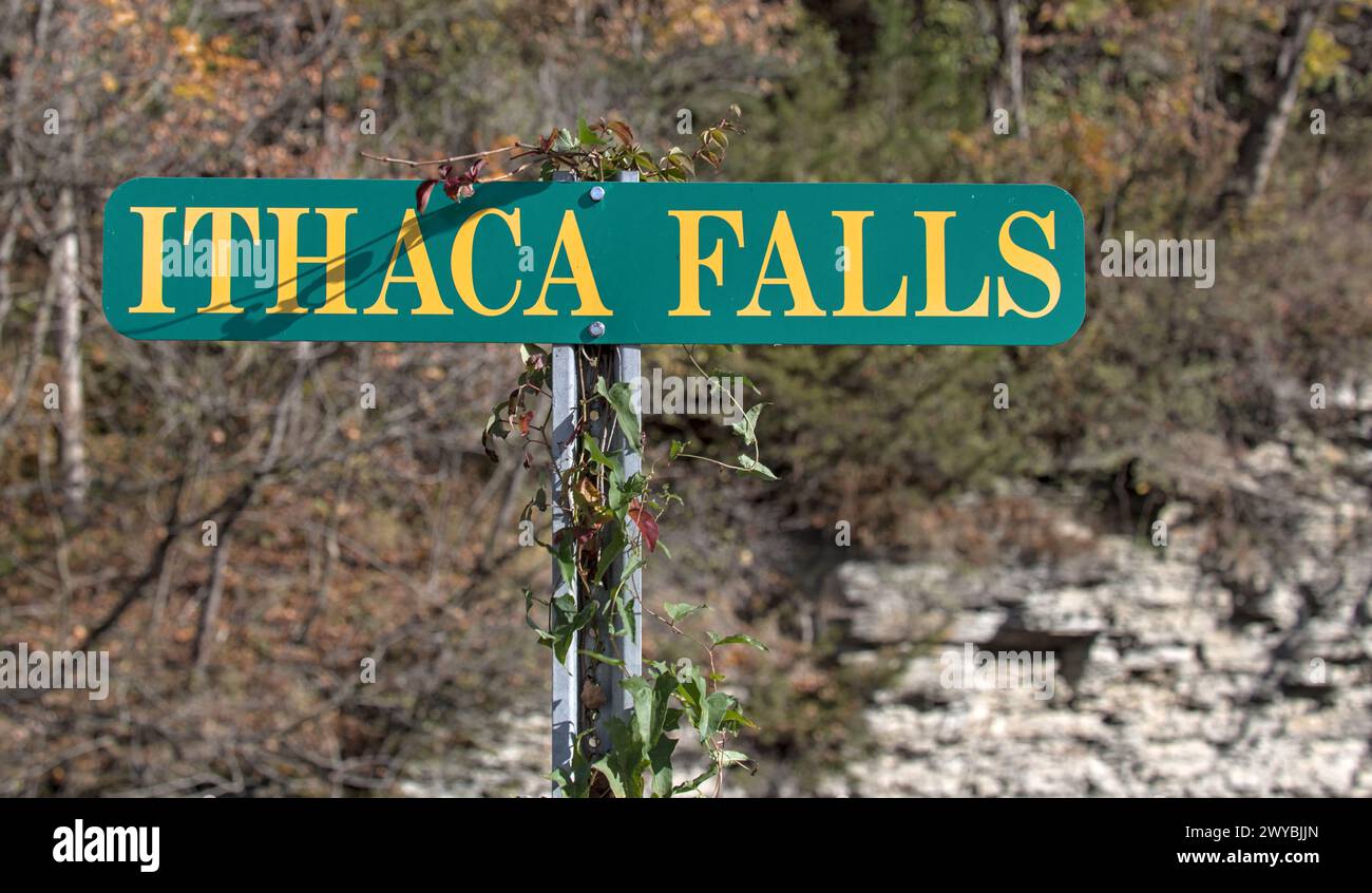 ithaca falls sign at entrance to state park in finger lakes region of ...