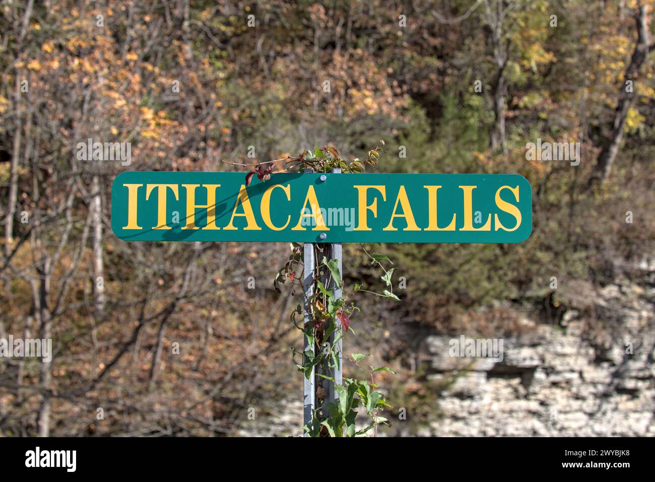 ithaca falls sign at entrance to state park in finger lakes region of ...