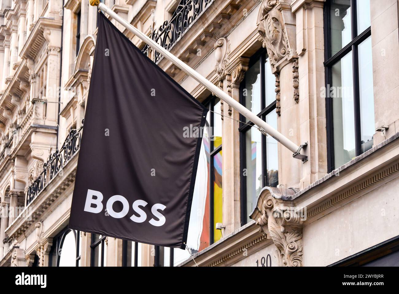 London, England, UK - 28 June 2023: Flag on the front of a Hugo Boss ...