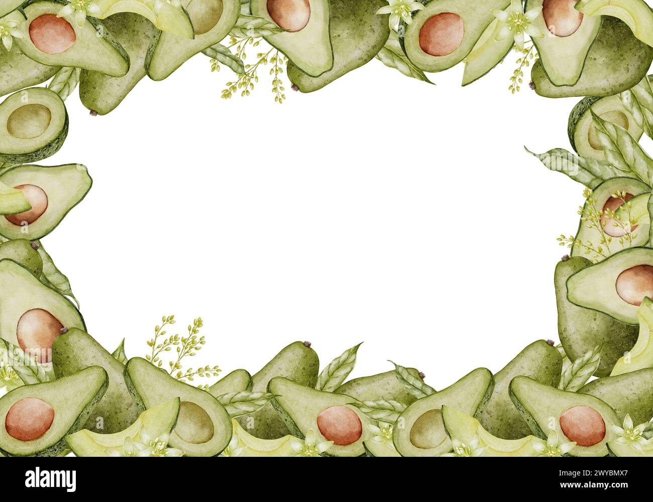 Avocado rectangular Frame. Watercolor Background with copy space. Hand ...