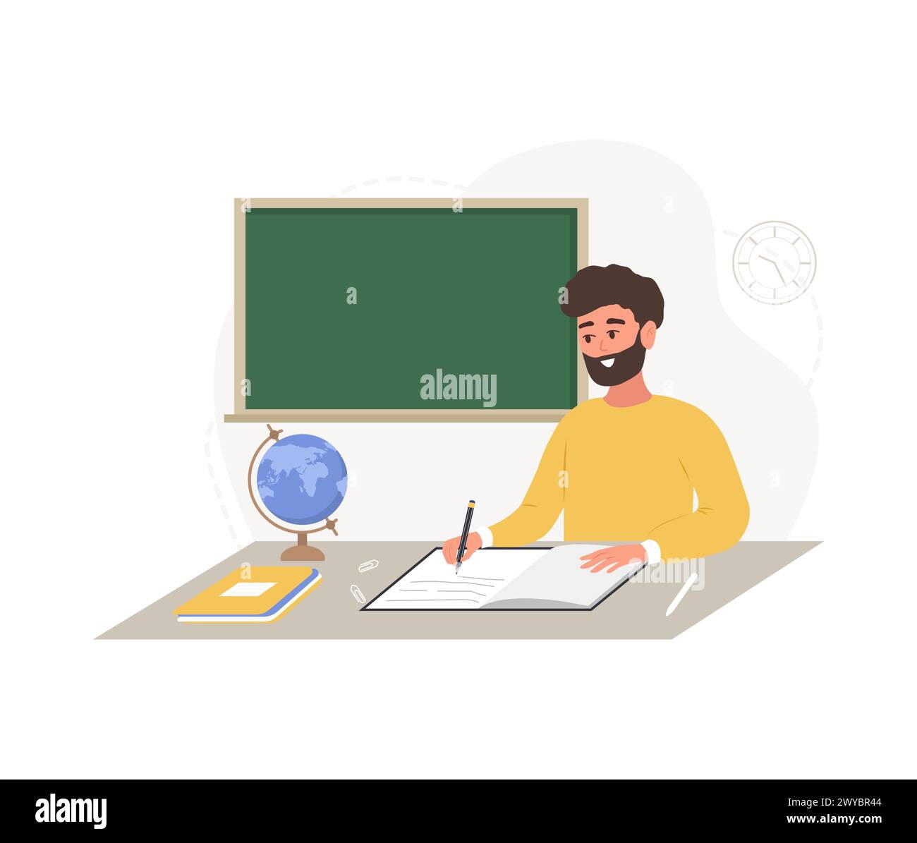 Male teacher in classroom. Pedagogue sitting at table and checking ...