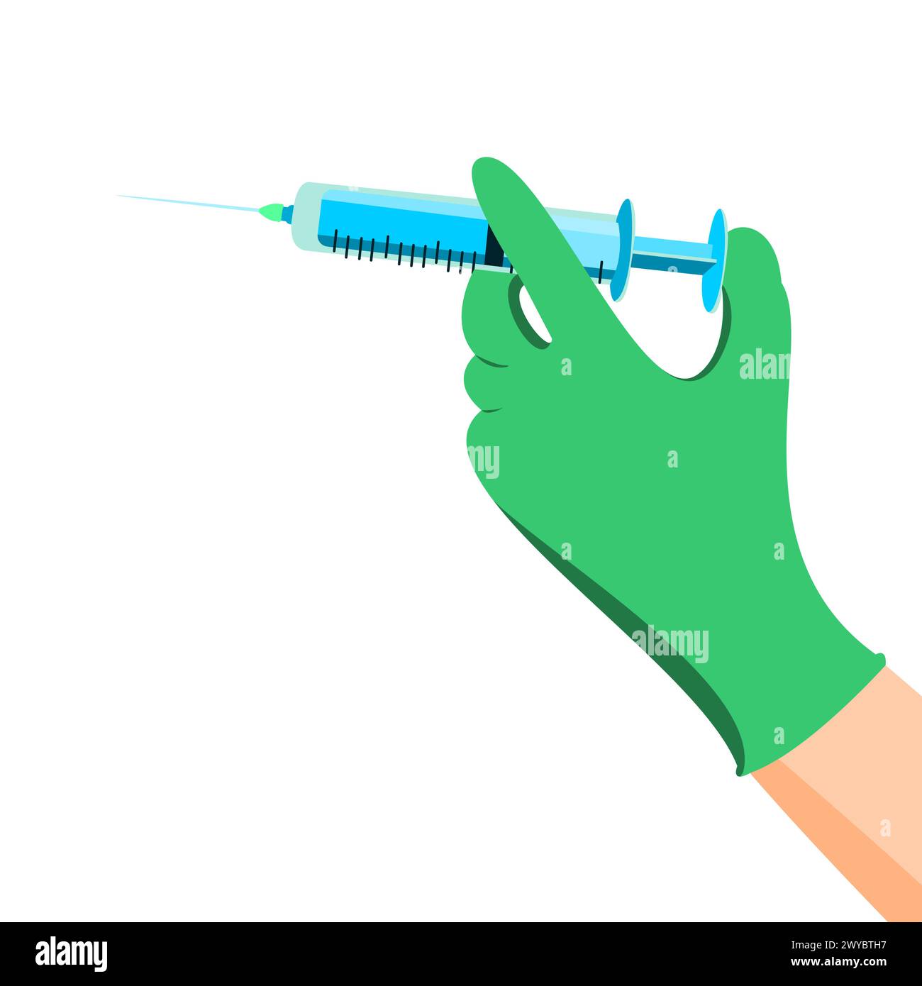 Injection in Green glove hand isolated on white background vector ...