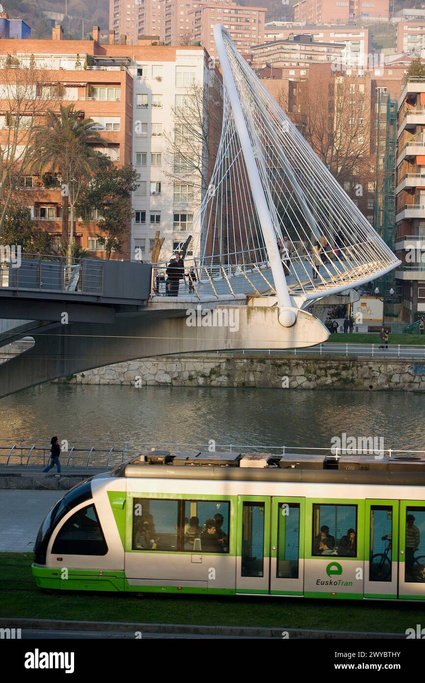 View of ´Pasarela de Uribitarte´ bridge, also called ´Zubi-Zuri´ (means ...