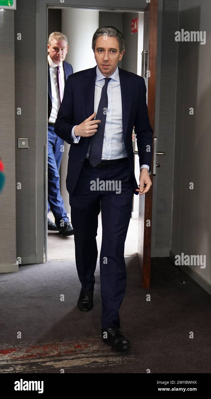 Fine Gael leader Simon Harris arrives for a doorstep at the Clayton ...