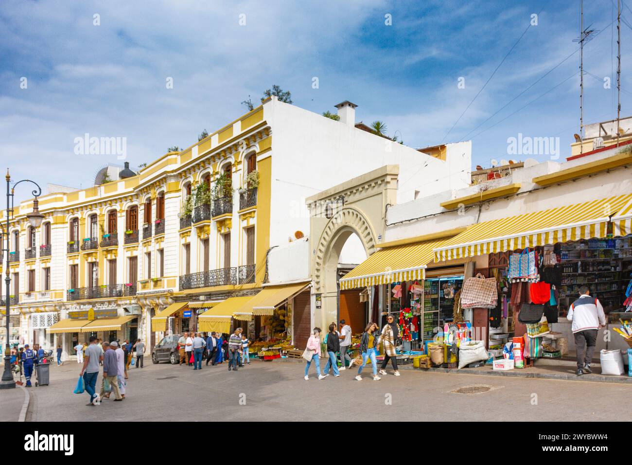 Tangier, Morocco. October 16th, 2022 - Shops and Bab Rahbat gate ...