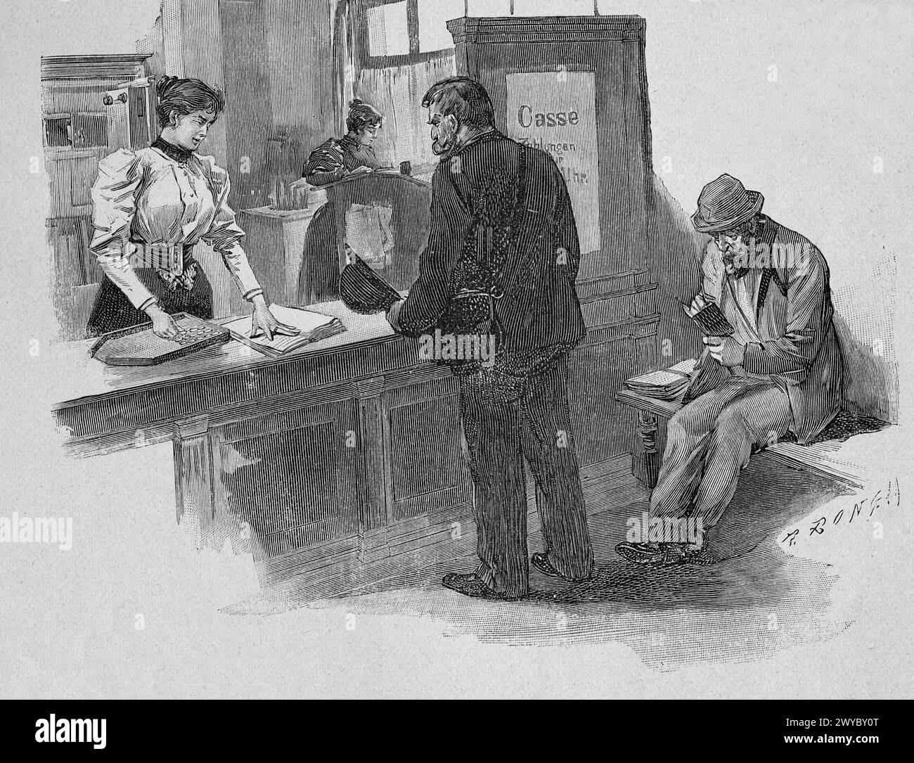Bankbeamtin als moderner Frauenberuf im Jahre 1897, Frankreich / Bank ...