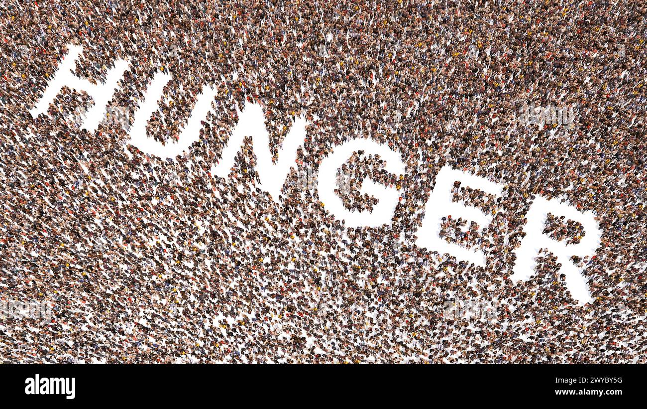 Concept large community of people forming the word HUNGER. 3d ...