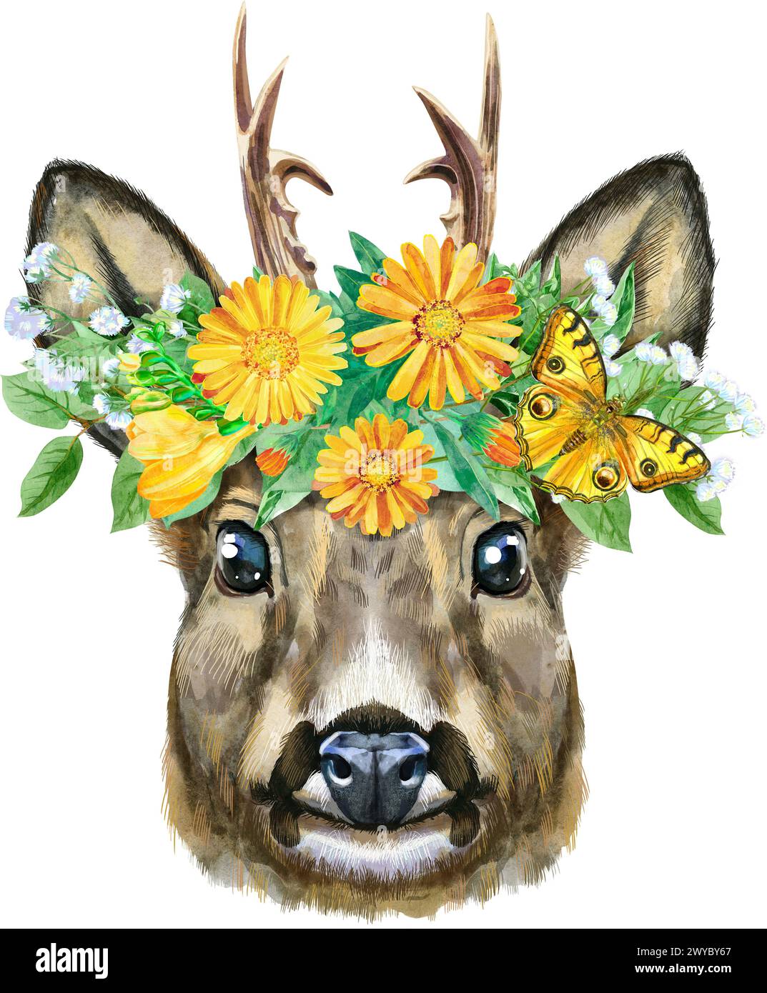 Watercolor drawing of the animal - roe deer in a wreath of flowers ...