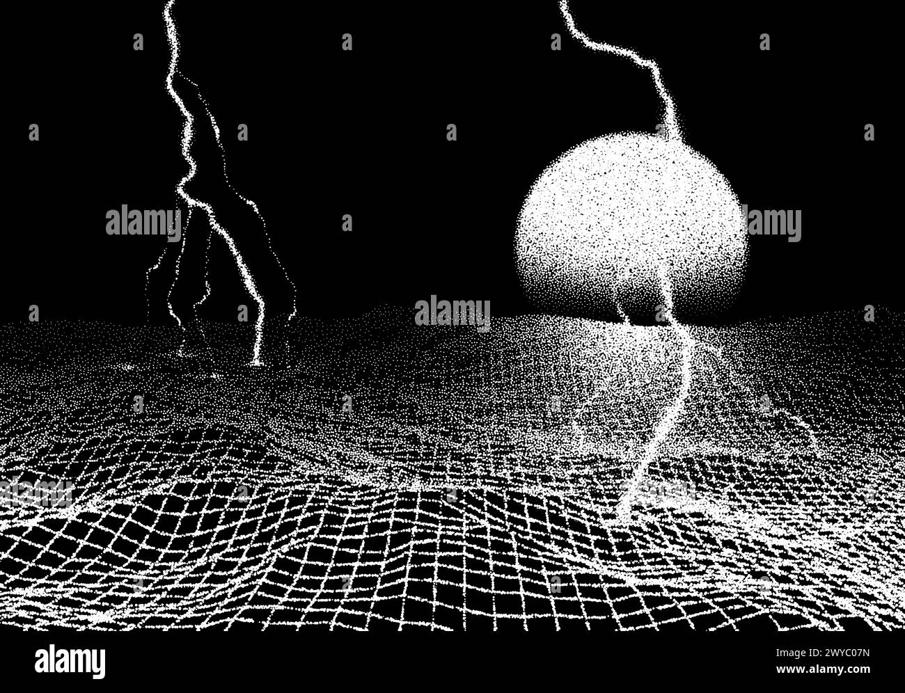 Space landscape with lightning strike in retro book style. Dotwork ...