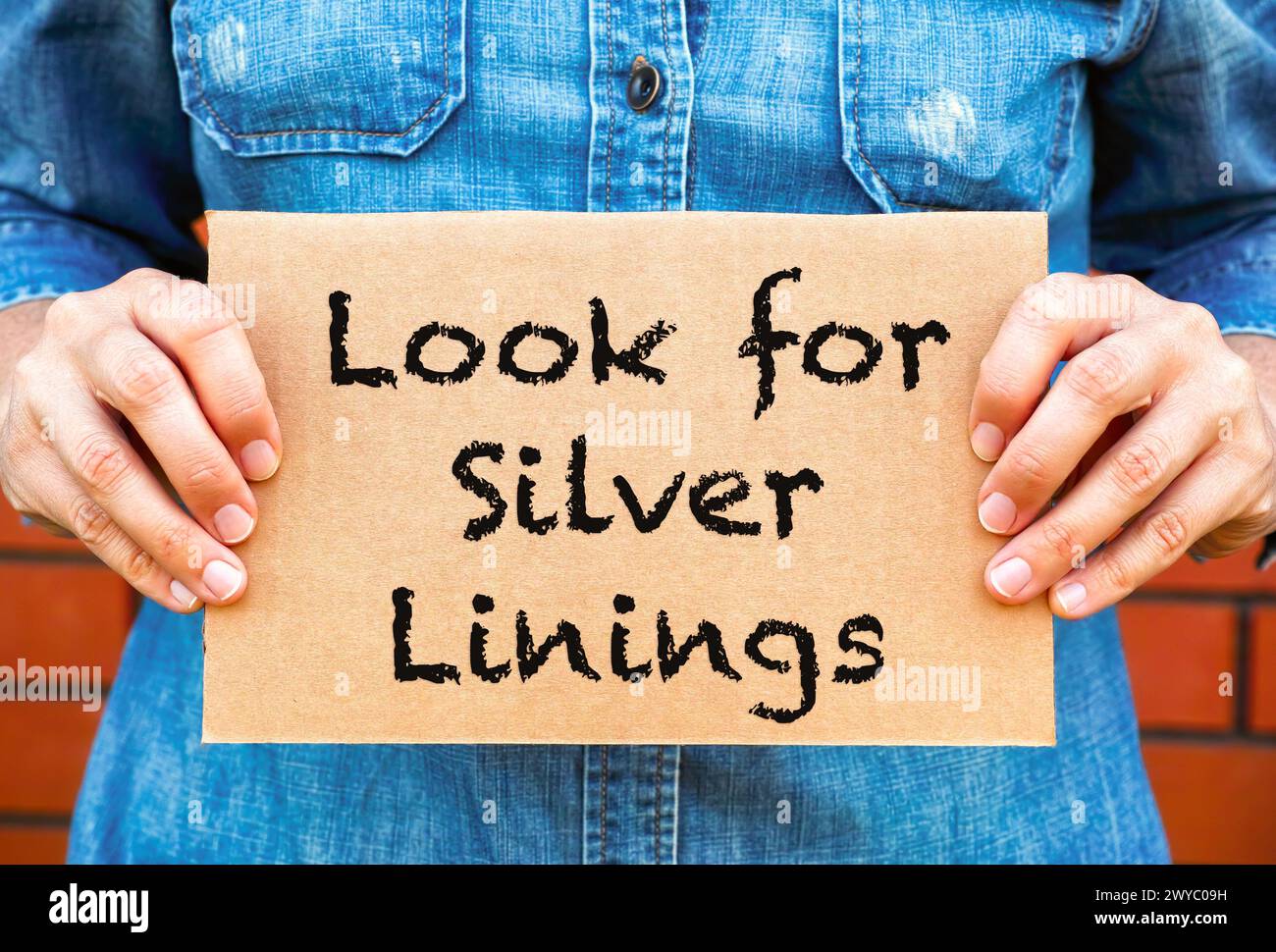 Woman hands holding a piece of a cardboard with words Look for Silver ...