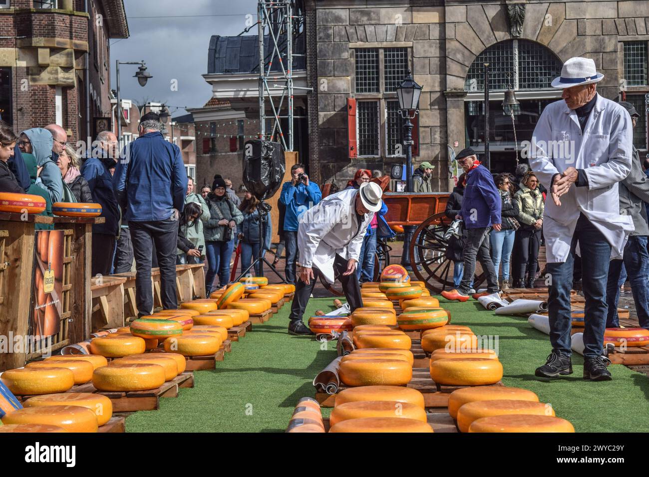 A general view on cheese wheels in Gouda, the Cheese City, Netherlands ...