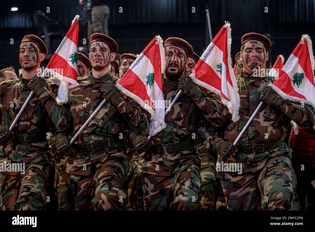 Beirut, Lebanon. 05th Apr, 2024. Pro-Iranian Hezbollah militants parade ...