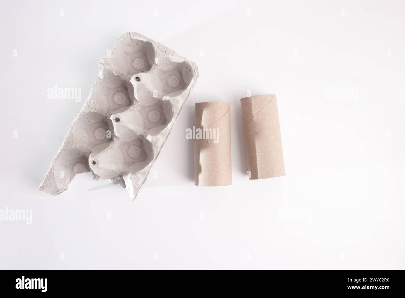 Egg carton box and empty toilet paper roll, minimalist composition ...