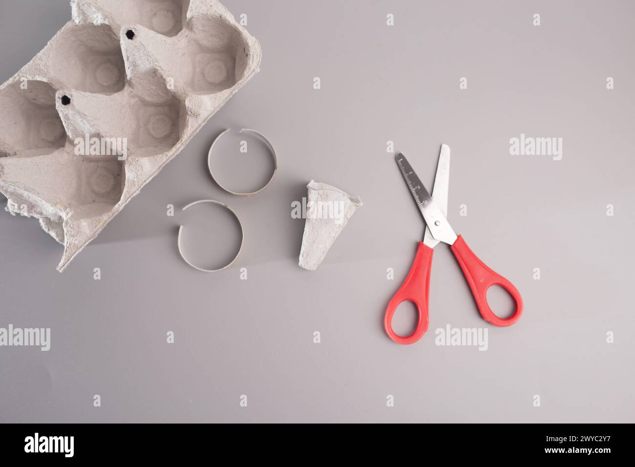 Minimalistic DIY project scene: Empty egg carton placed on a grey table ...