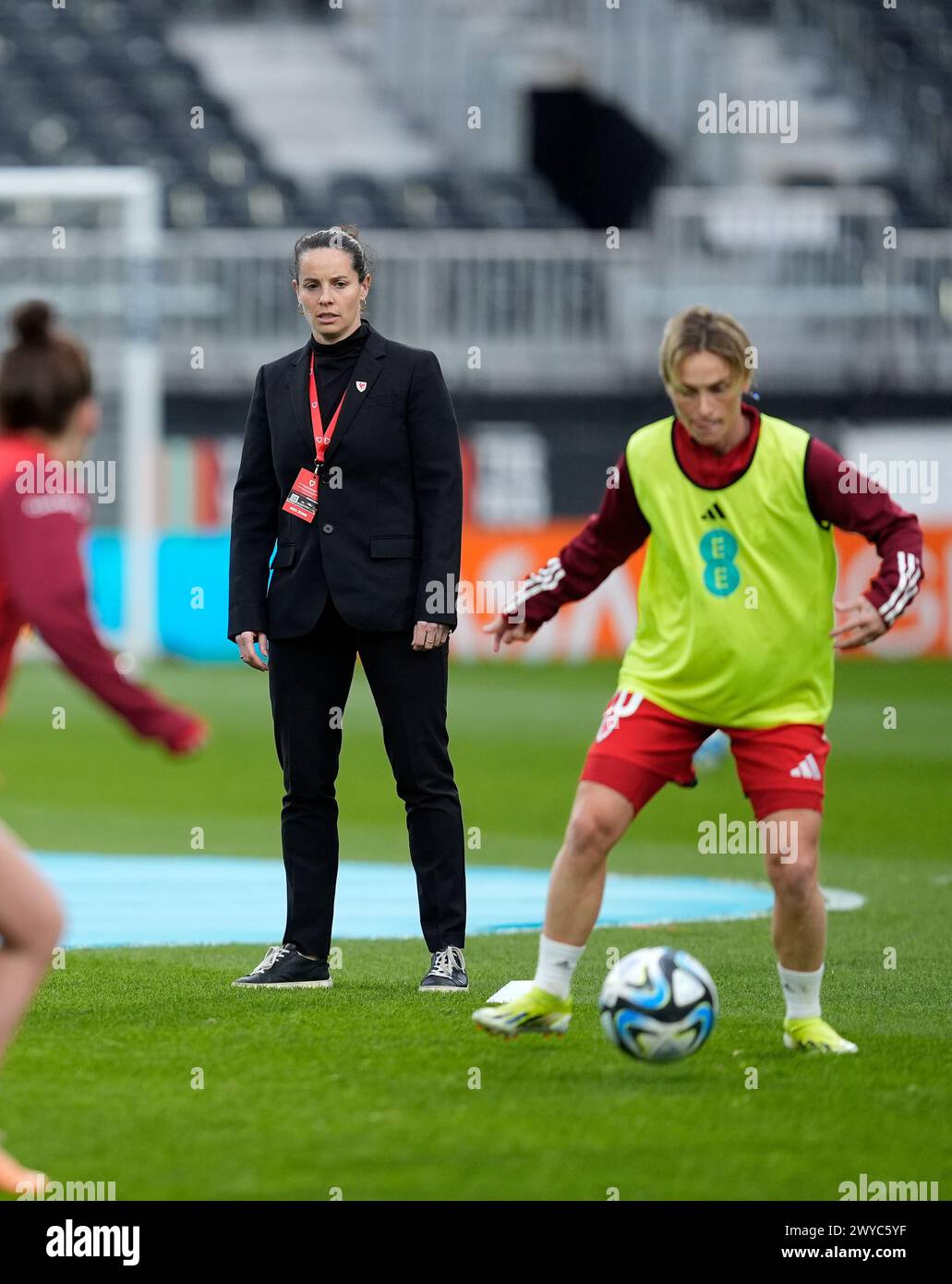 Wales’ Manager Rhian Wilkinson watching her side’s warm up before the ...