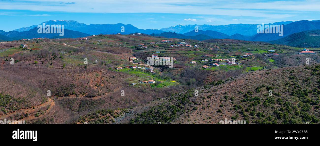 Aerial view of vineyards in a village called Bukmire, in Mirdita ...