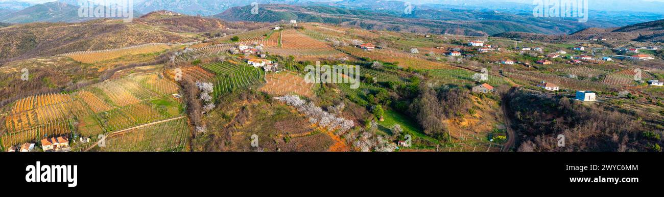 Aerial view of vineyards in a village called Bukmire, in Mirdita ...