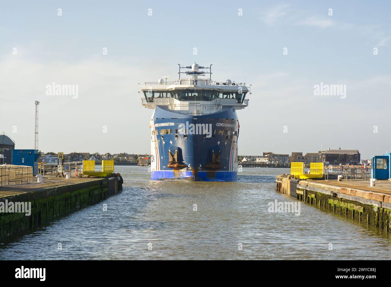Large ship (Cemex Go Innovation) entering the lock at Shoreham Harbour ...