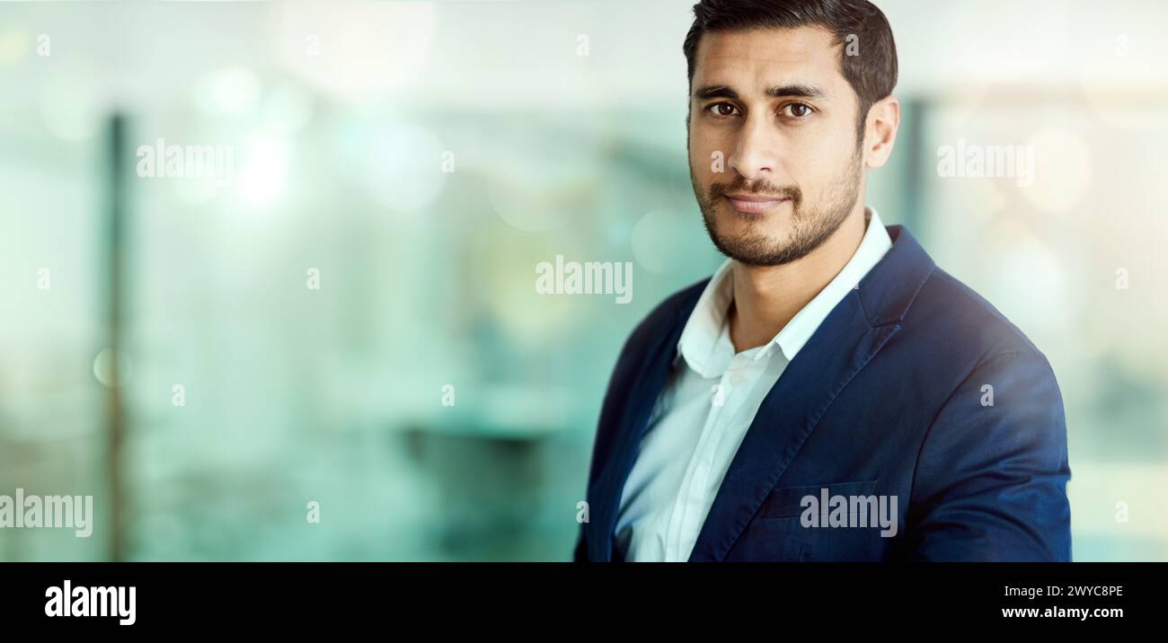 Portrait, banner and business man in office with bokeh on mockup space ...
