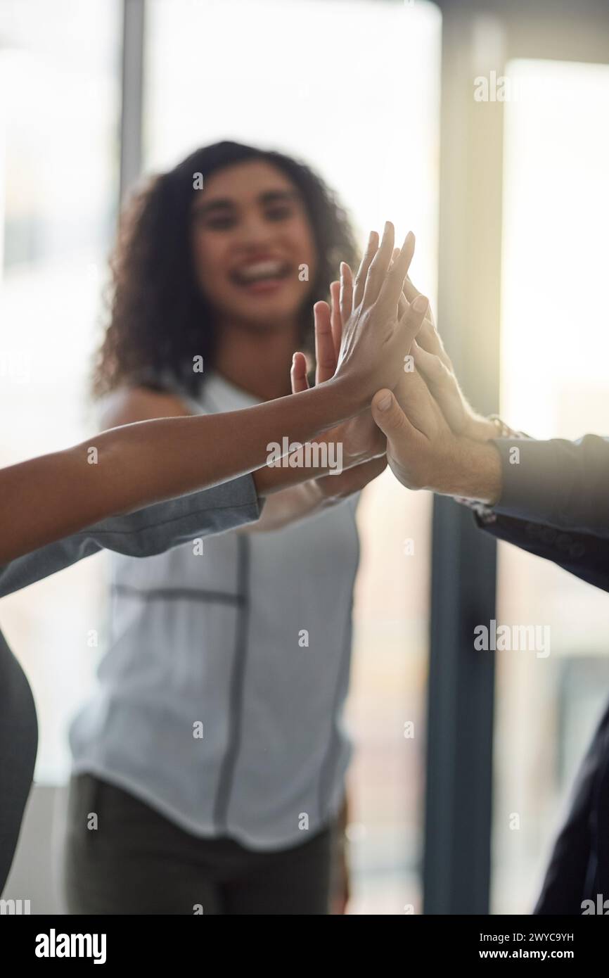 Business people, high five and teamwork for project success ...