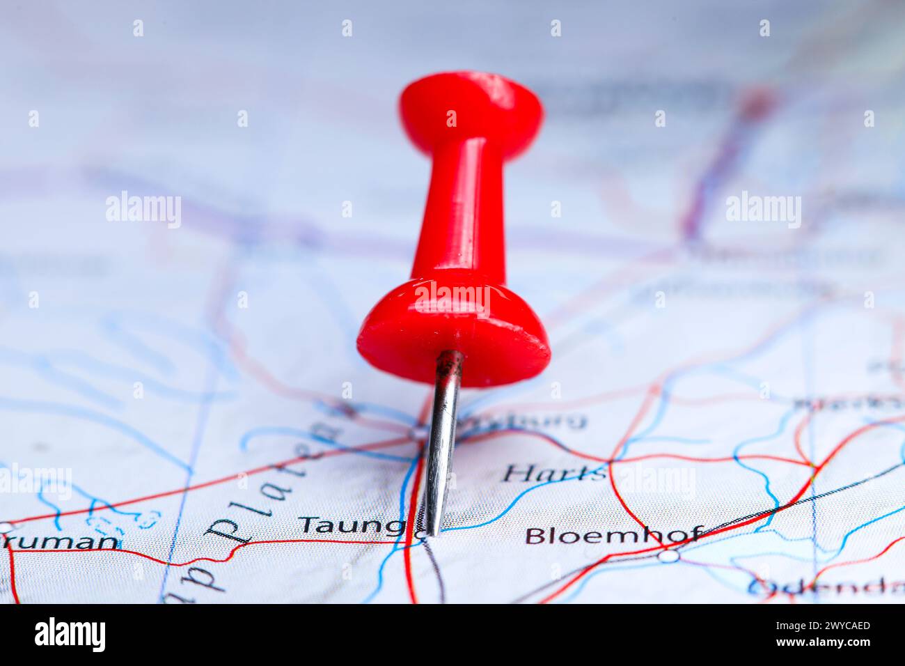 Taung, South Africa pin on map Stock Photo - Alamy