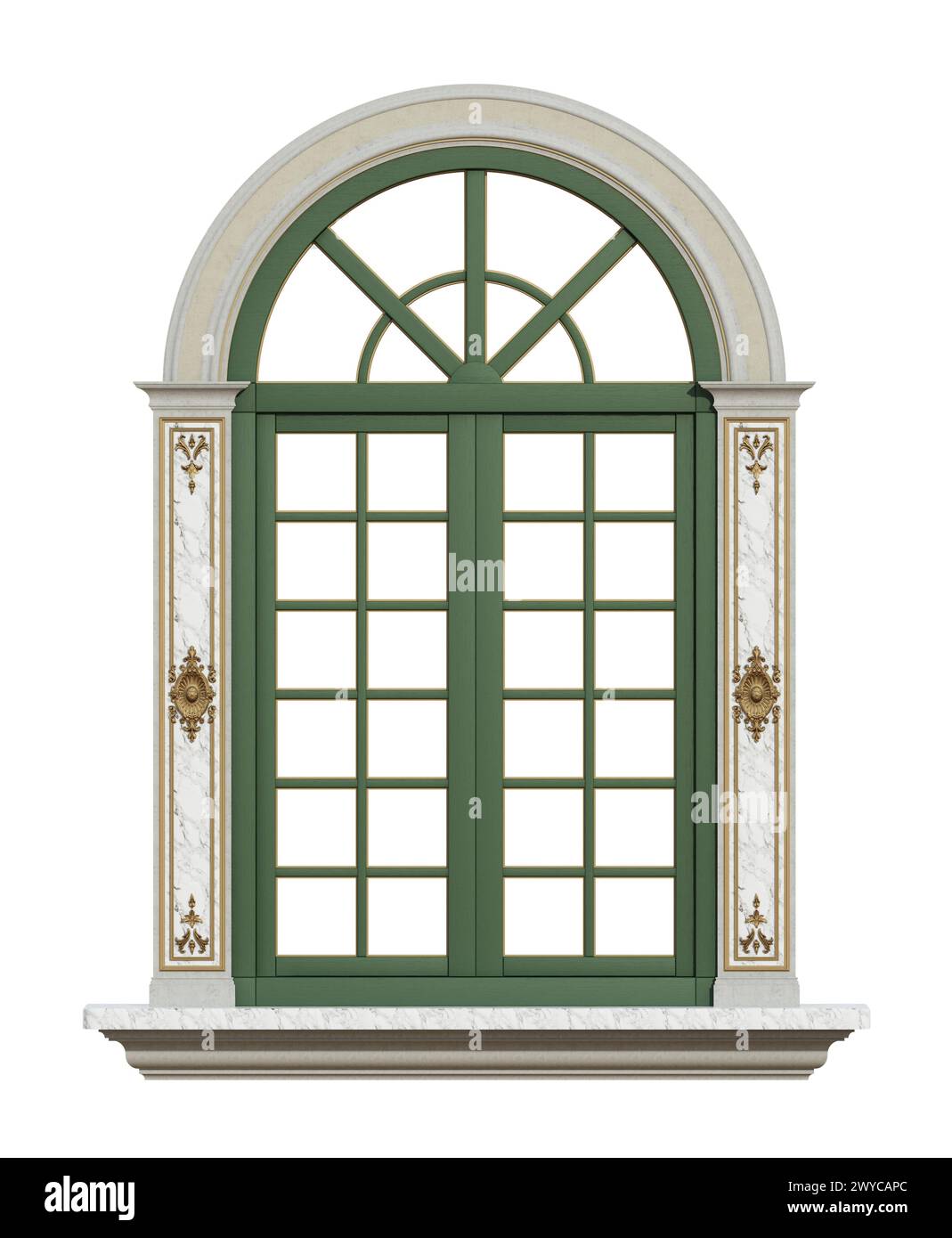 Traditional window with green wooden frames, white marble columns, and ...