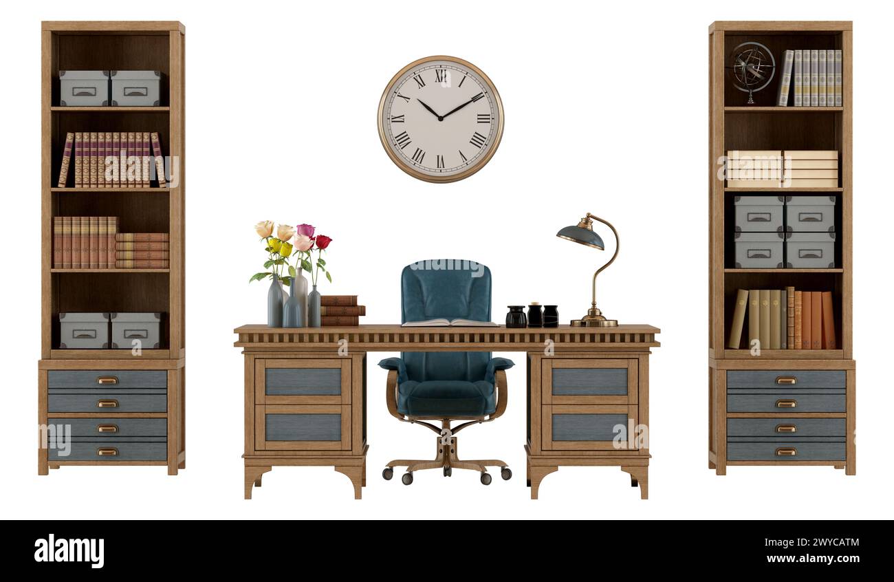 Stylish wooden desk set with chair, bookcases, and decorative accents, set against a clean white ...