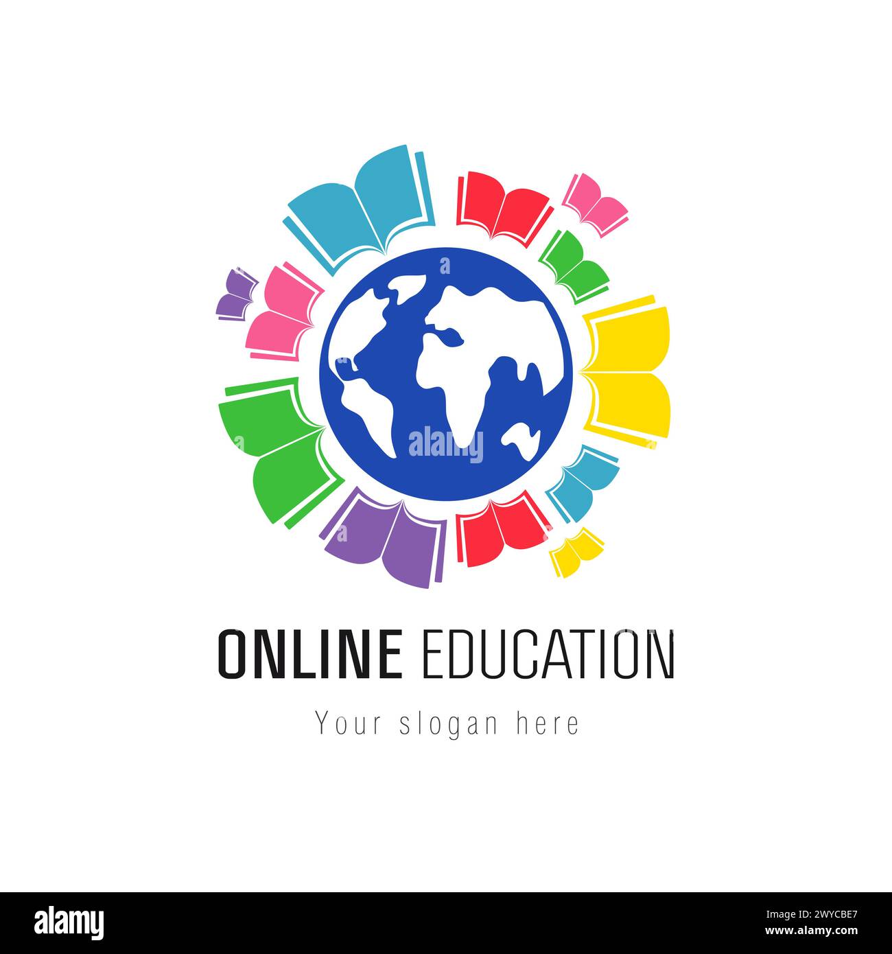Cute educational logo. Blue Earth and set of colorful books. Round icon ...