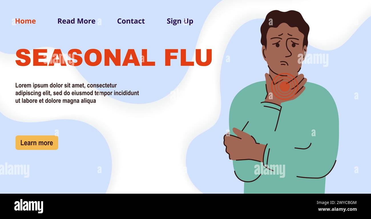 Cold and flu symptoms flat illustration banner. Throat cancer concept landing page. Difference ...