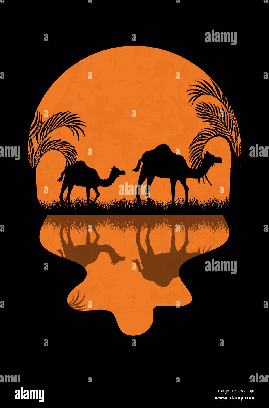 Night Sahara and full moon minimalist poster. Oasis landscape, wild ...