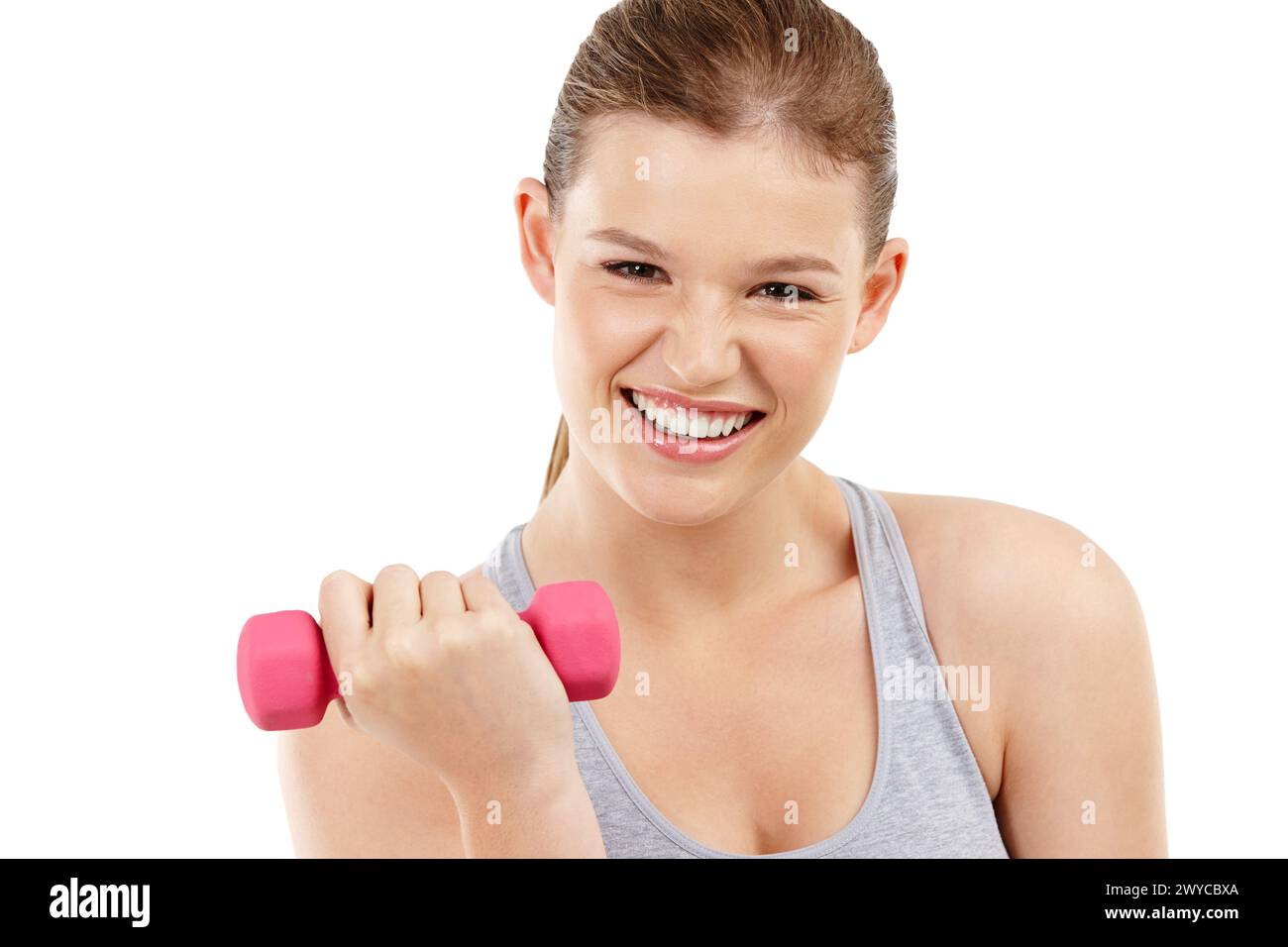 Portrait, smile and dumbbells with woman, training and exercise ...