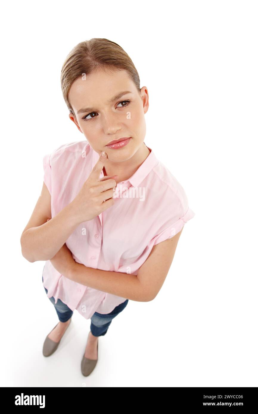 Female student, thinking and planning in studio with mind, strategy and ...