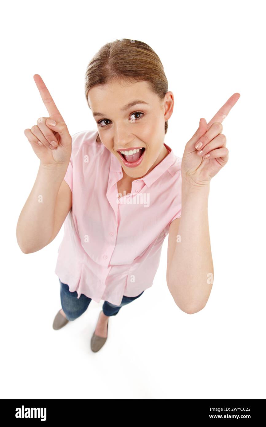 Portrait, woman and pointing for promotion, advertising or marketing ...