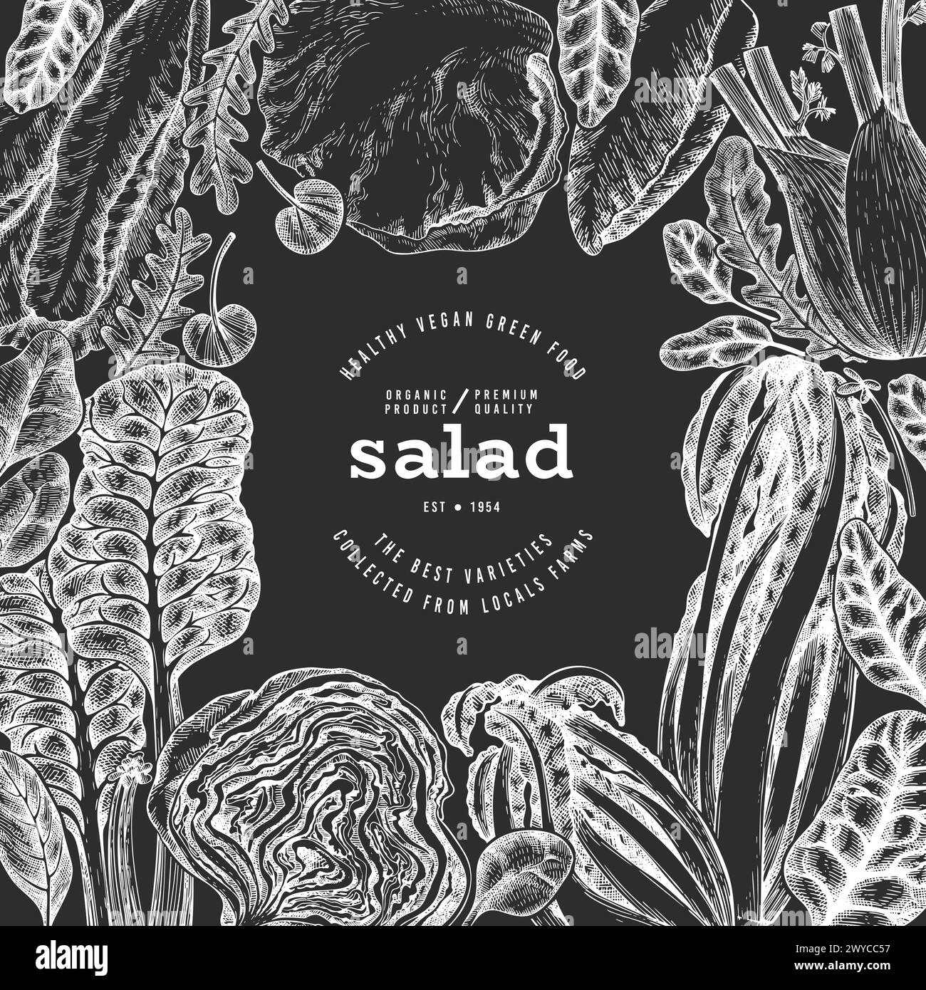 Green Vegetable Design Template. Vector Hand Drawn Healthy Leaf Salad ...