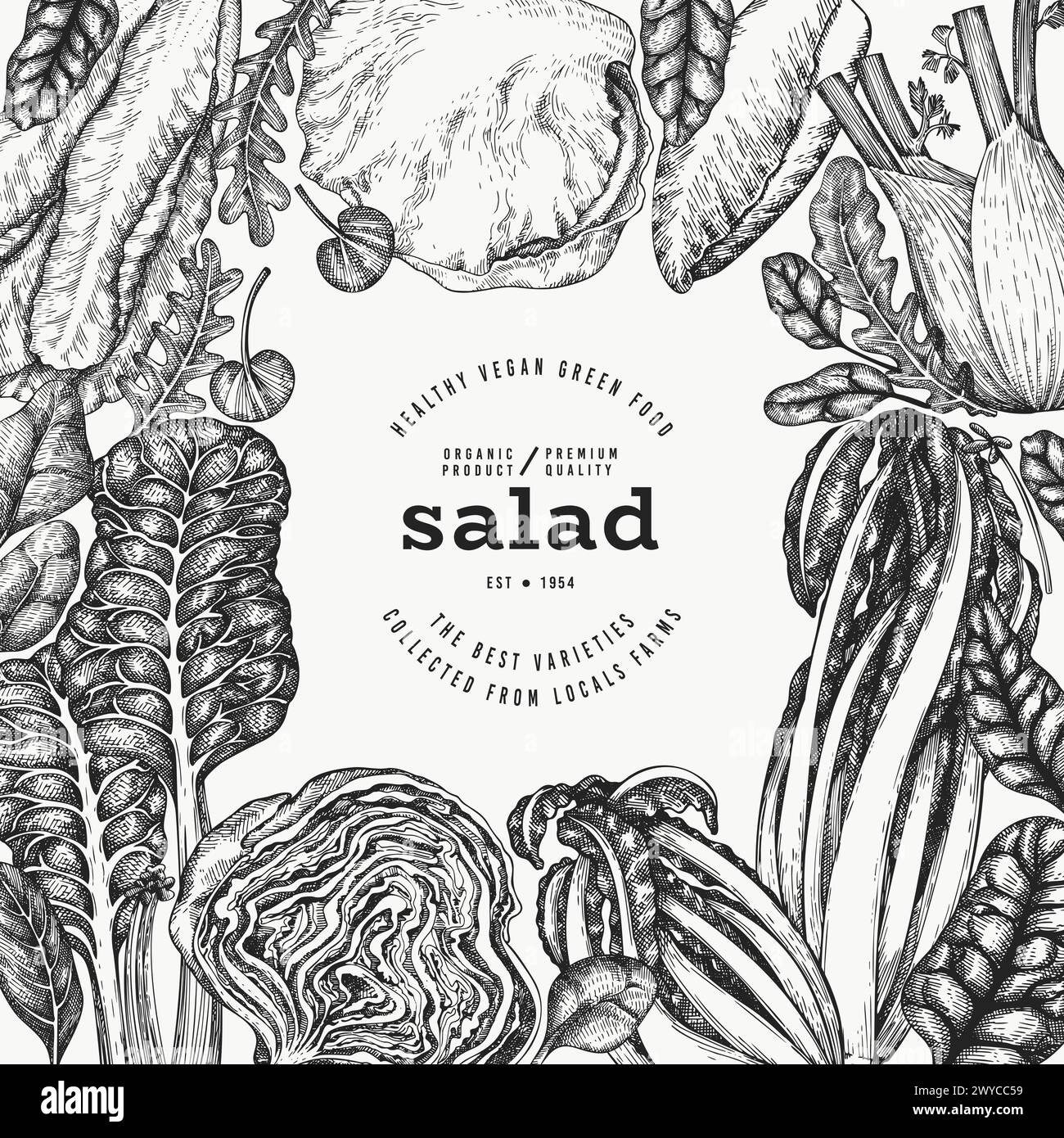 Green Vegetable Design Template. Vector Hand Drawn Healthy Leaf Salad ...