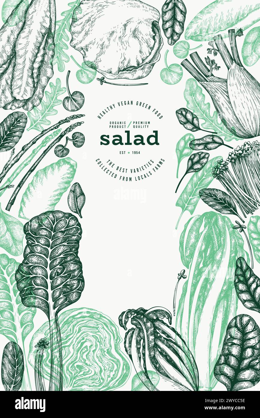 Green Vegetable Design Template. Vector Hand Drawn Healthy Leaf Salad ...