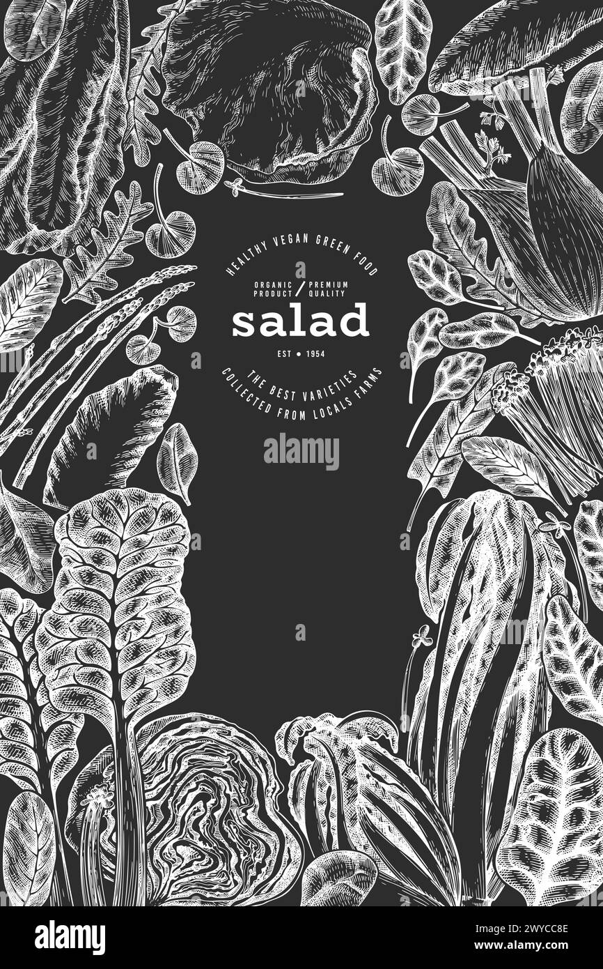 Green Vegetable Design Template. Vector Hand Drawn Healthy Leaf Salad ...