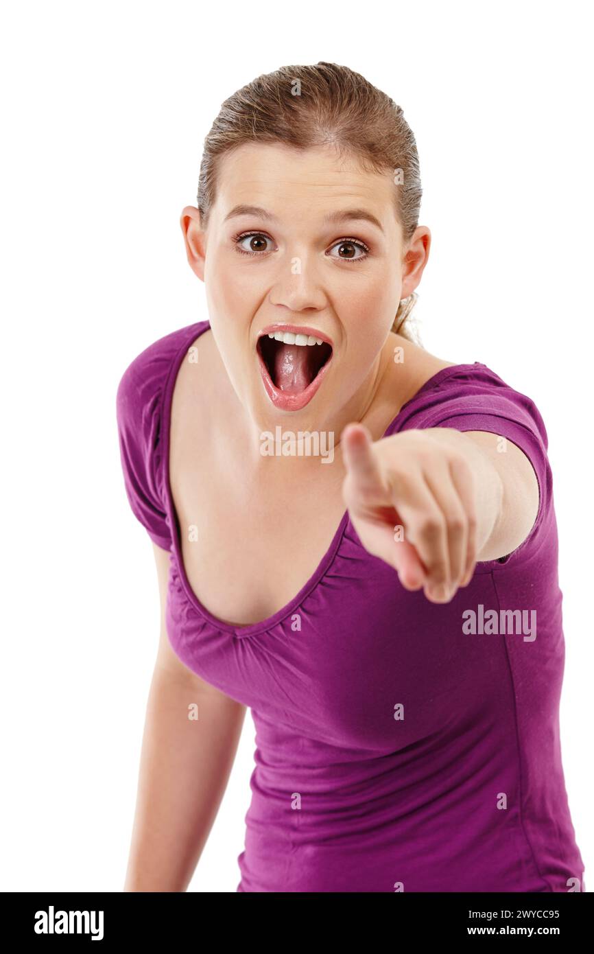 Woman, portrait and pointing for shock in studio, option and selection ...