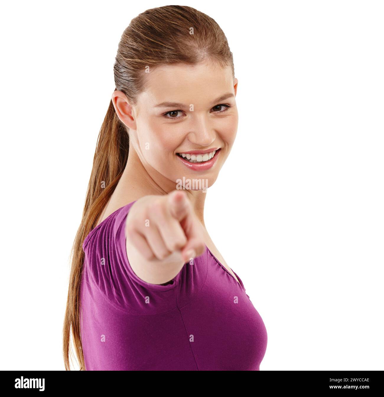 Woman, portrait and pointing for offer in studio, option and selection ...
