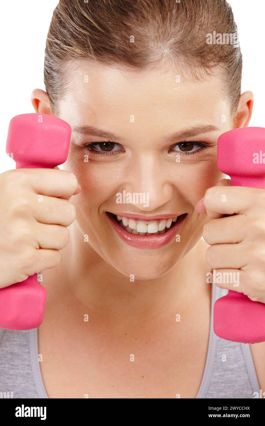 Studio face dumbbells girl hi-res stock photography and images - Alamy