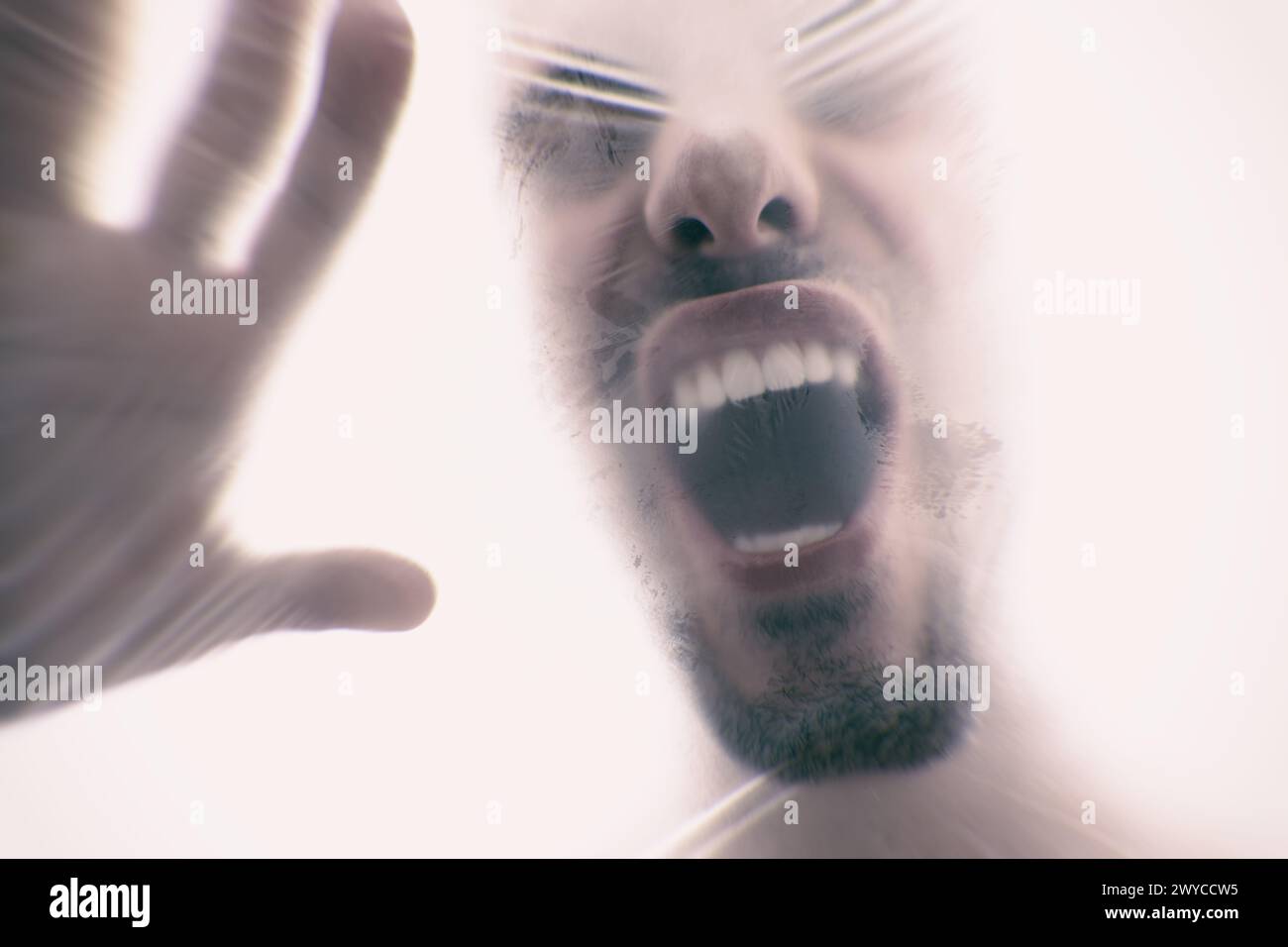 Man, plastic and bag with suffocating, gasping and struggle for breath ...