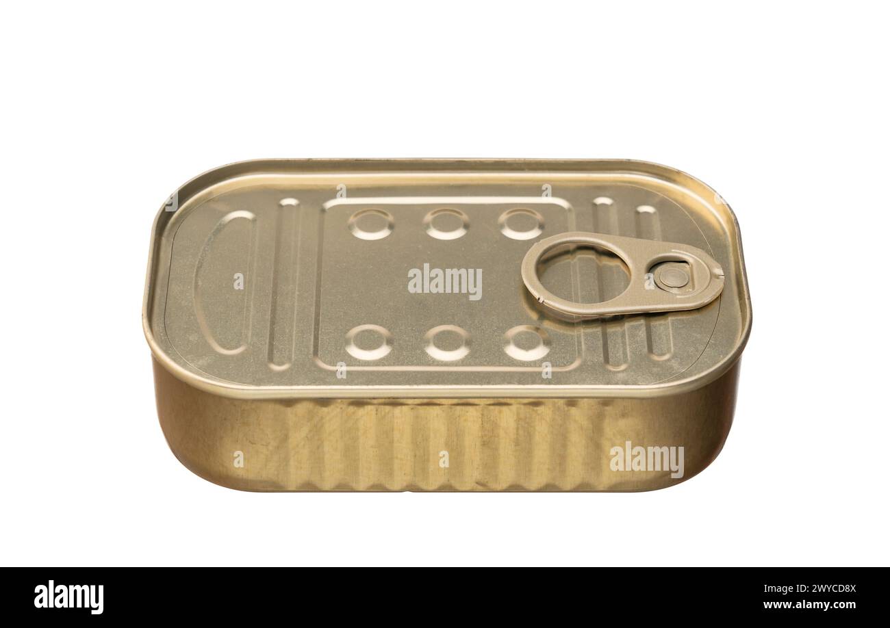 Food canning in metal food tins. Food tin with empty label isolated on ...