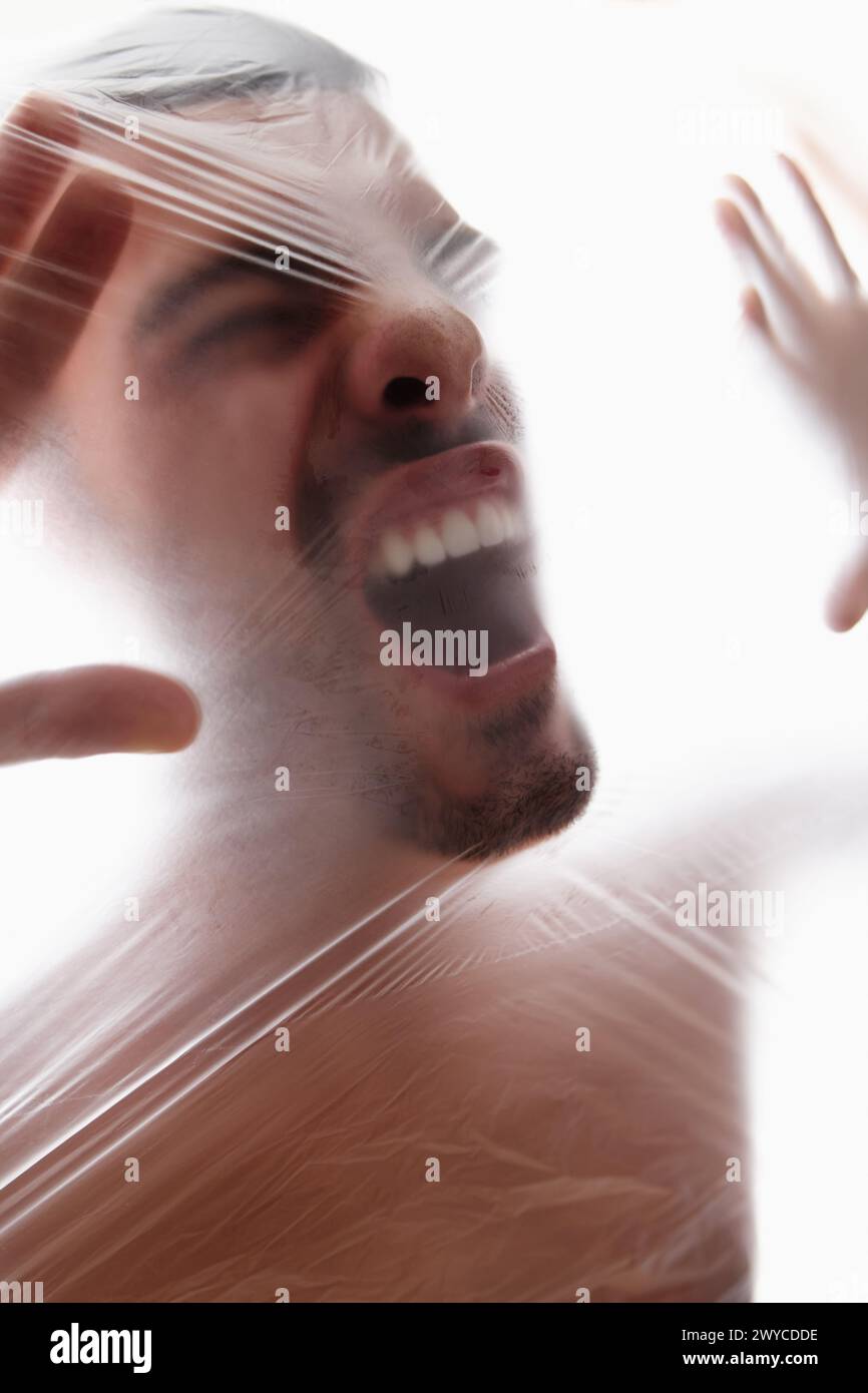 Male person, plastic and bag with choking, gasping and struggle for air ...