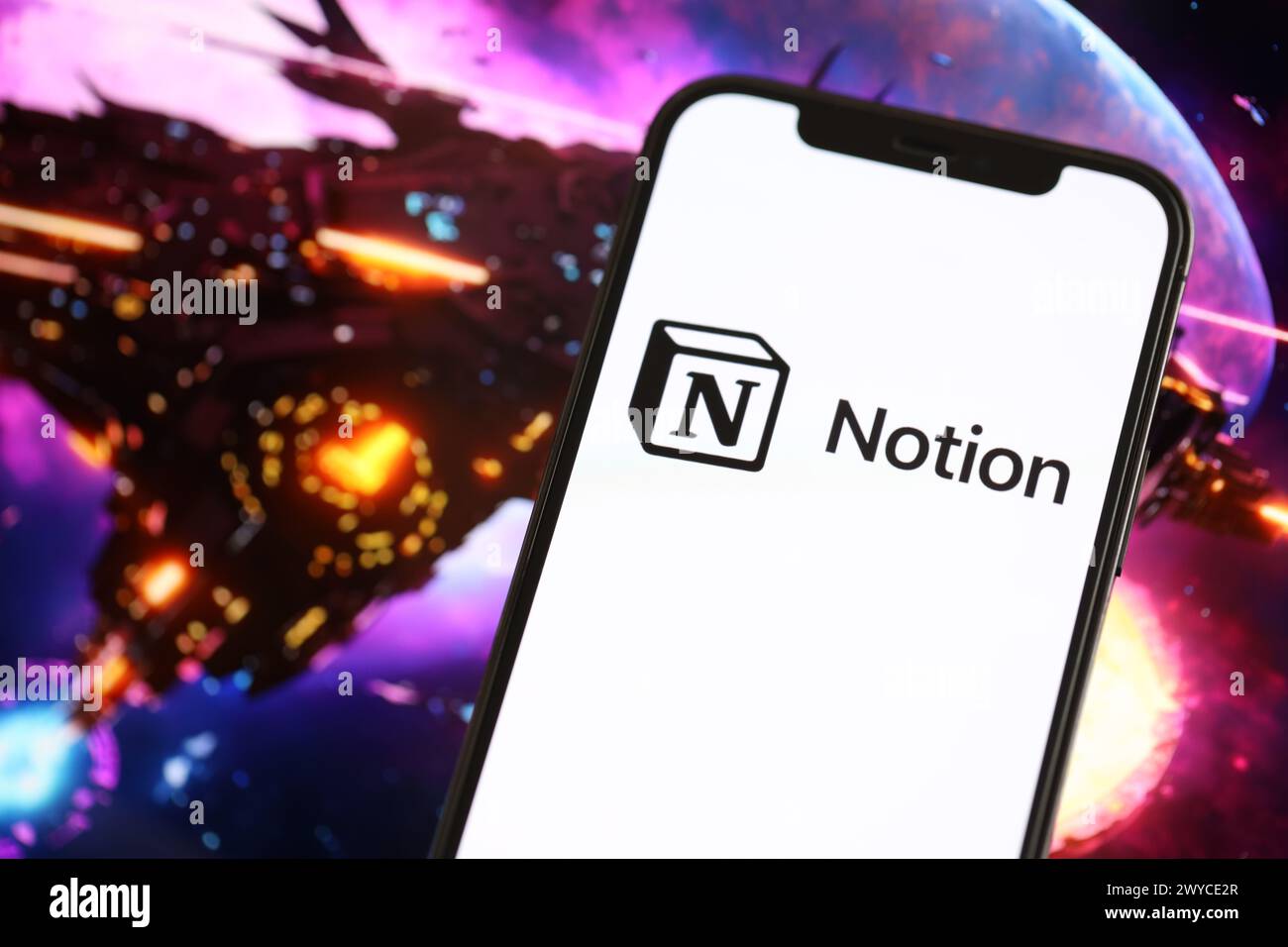 KYIV, UKRAINE - MARCH 17, 2024 Notion logo on iPhone display screen ...