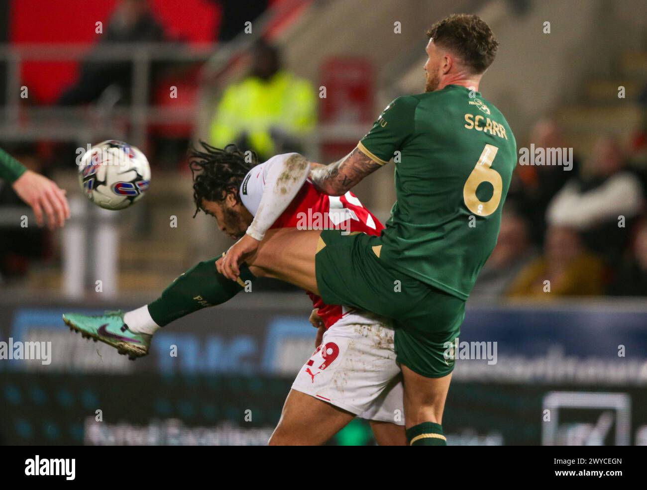 Rotherham United's Sam Nombe against Plymouth Argyle’s Dan Scarr during ...