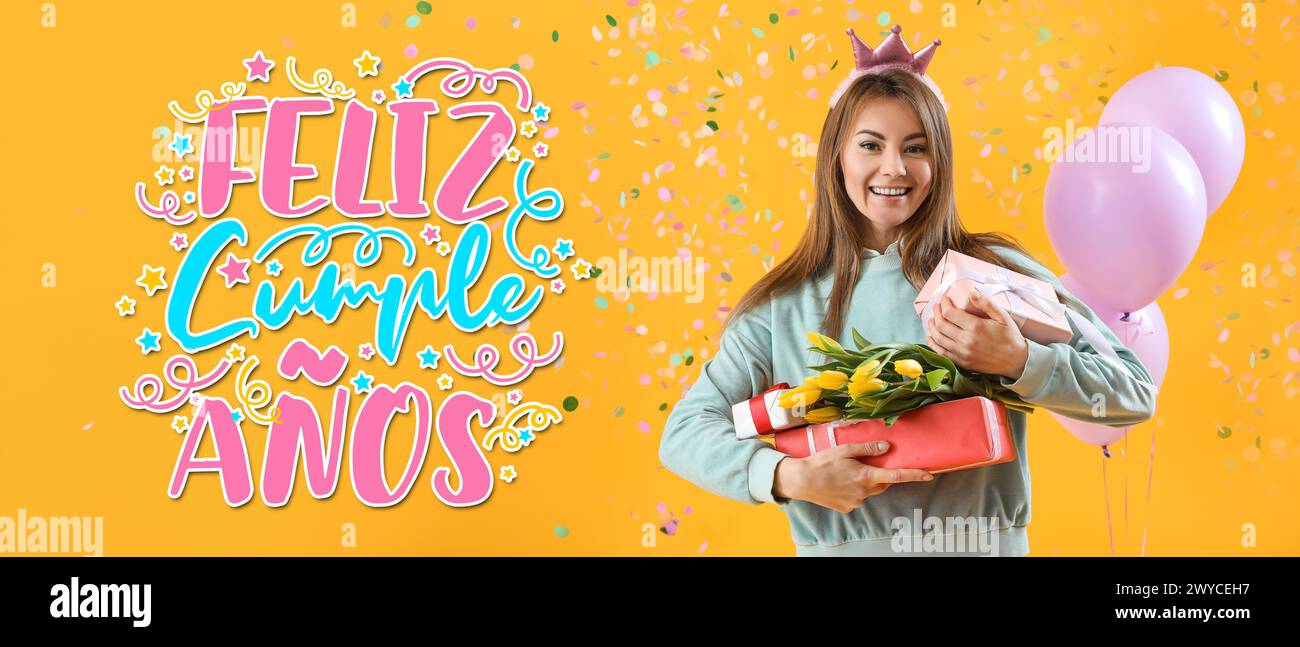 Festive banner with text FELIZ CUMPLEANOS (Spanish for Happy Birthday ...