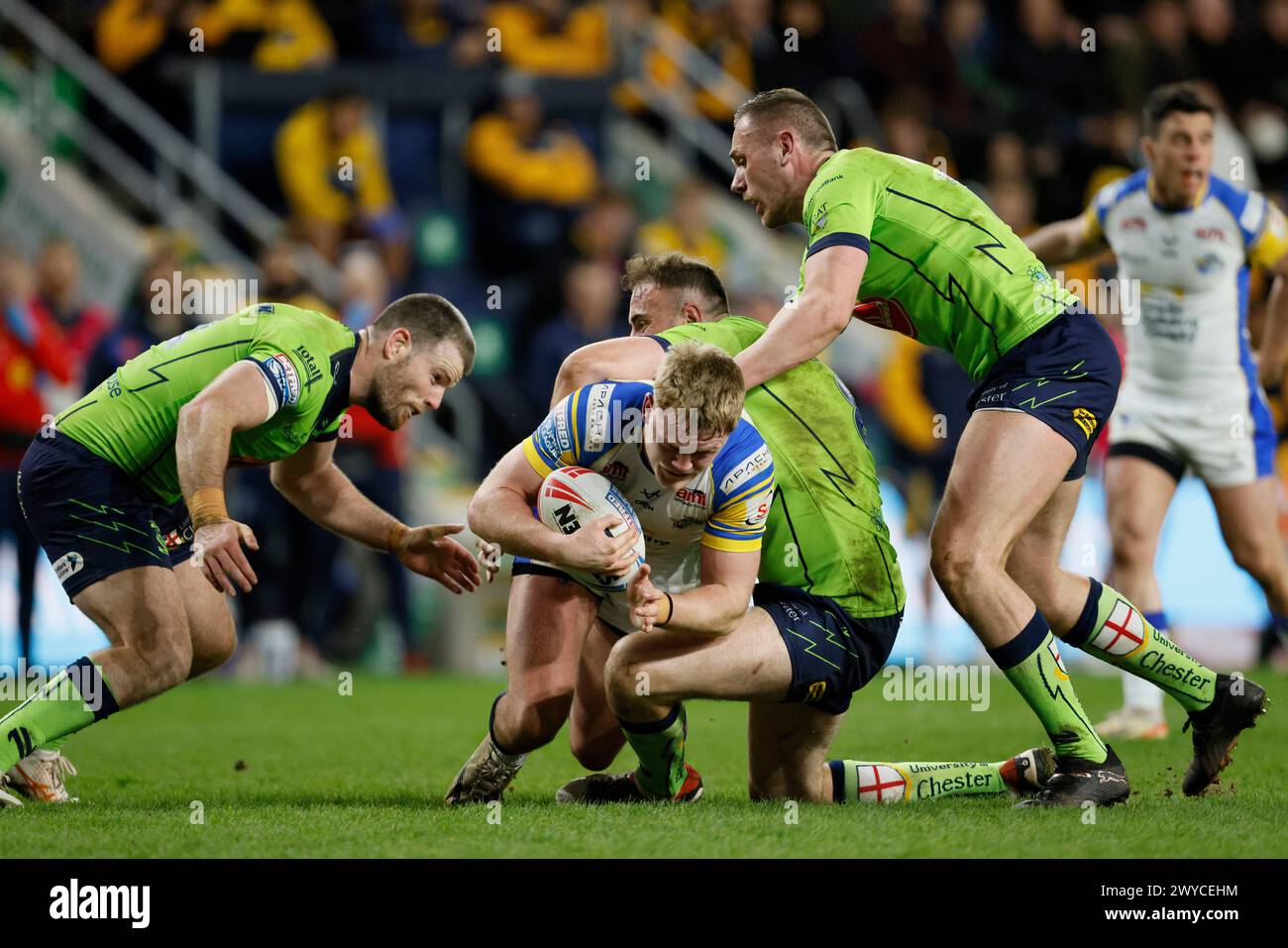 Leeds Rhino's James McDonnell gets tackled during the Betfred Super ...