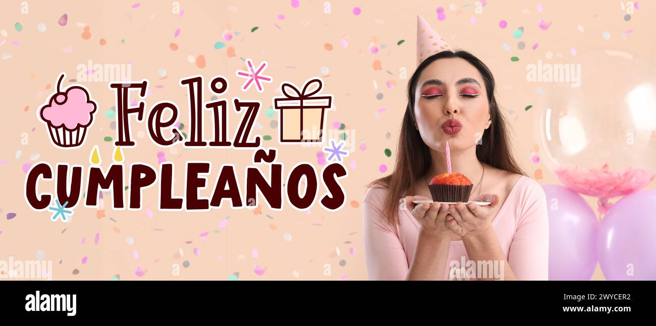 Festive banner with text FELIZ CUMPLEANOS (Spanish for Happy Birthday ...