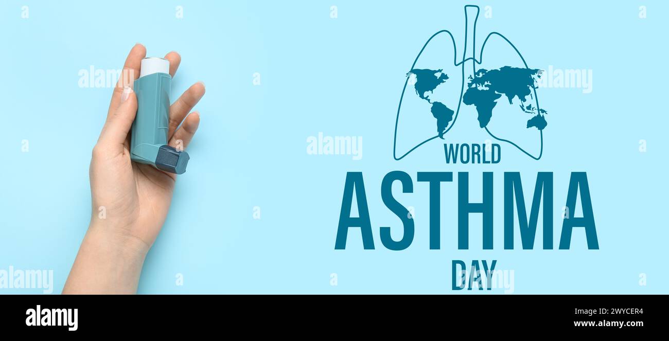 Awareness banner for World Asthma Day with hand holding inhaler Stock ...